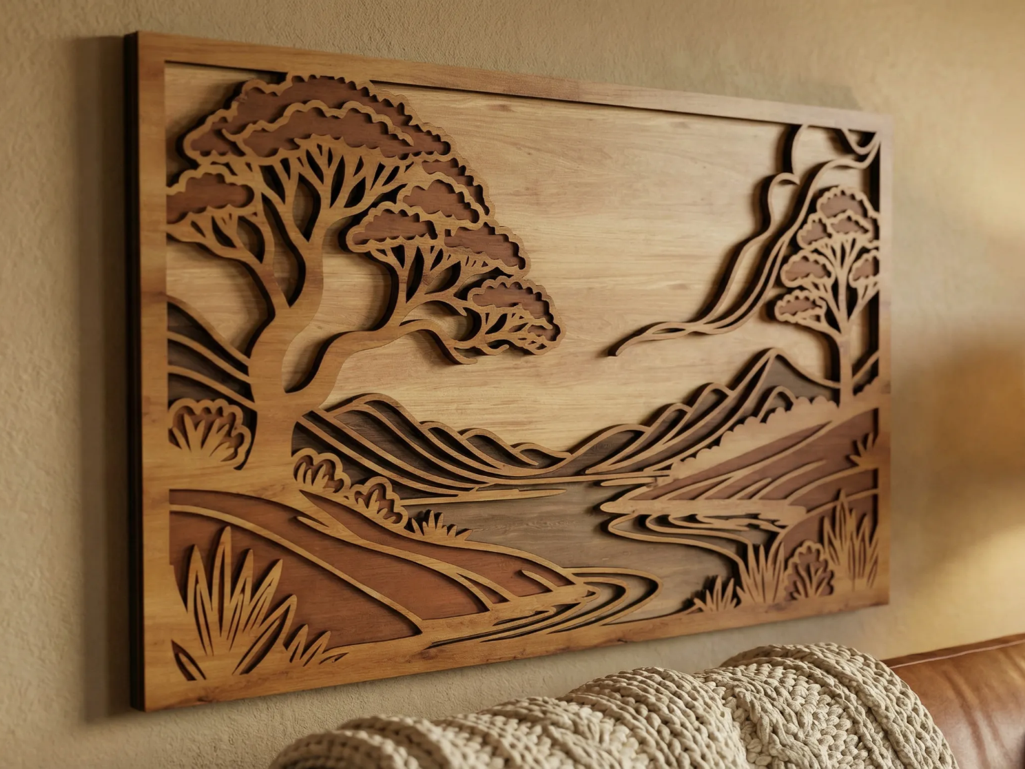 Layered Wood River Valley Landscape Wall Art with Trees and Mountains ...