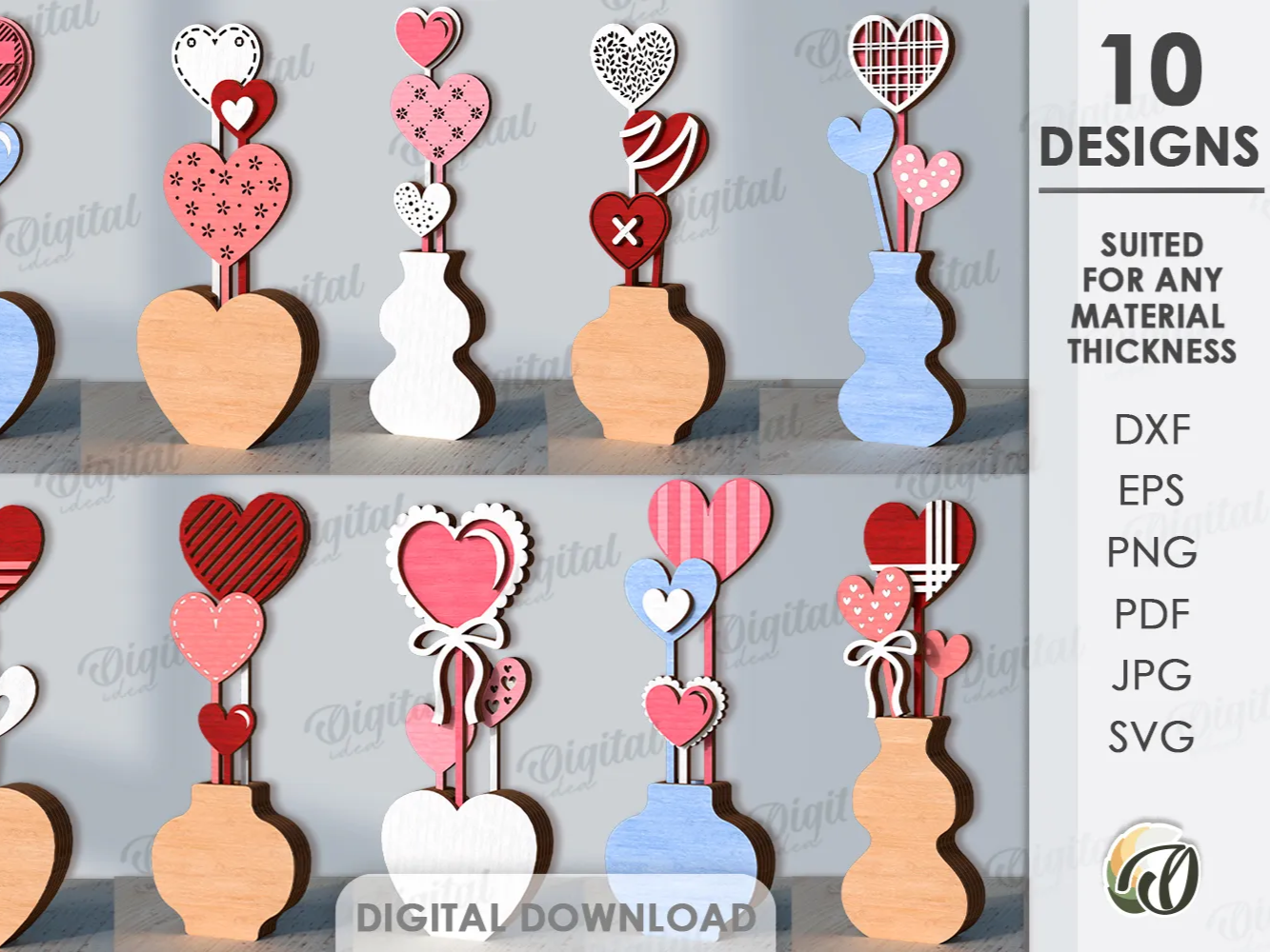 3D Valentine's day heart decorations bundle. Wooden vase laser cut ...