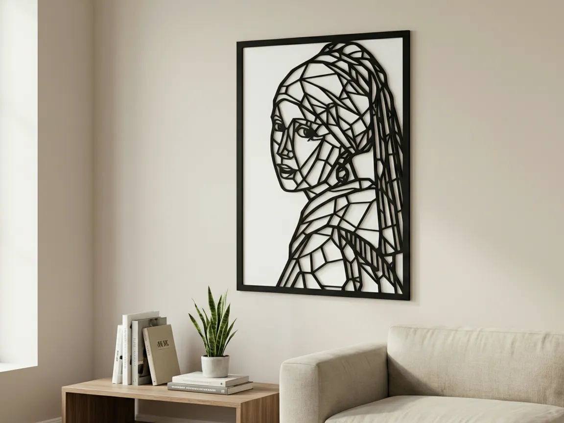 Laser Cut Wall Art Girl with a Pearl Earring in Black Frame Poly-Line ...