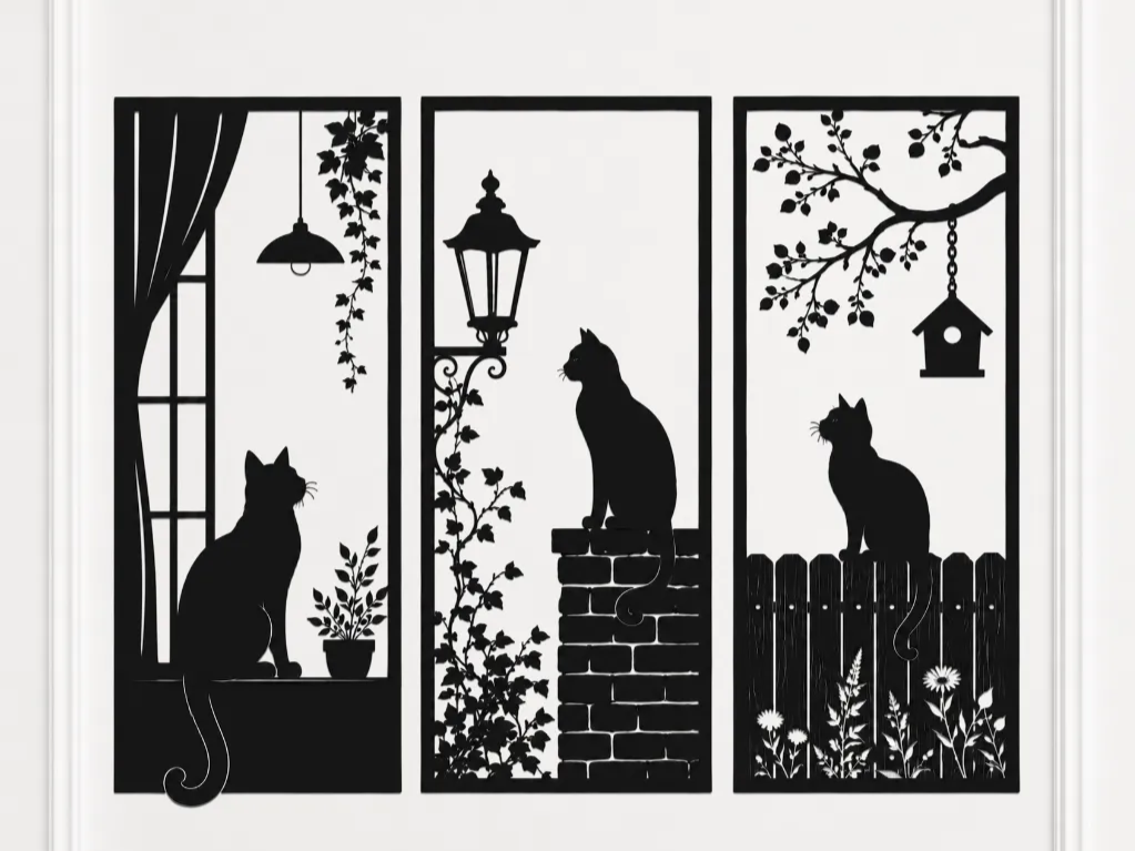 Cat Wall Art Svg, Cat Window Scene Svg, Cat Fence Art Svg, Triple Panel ...