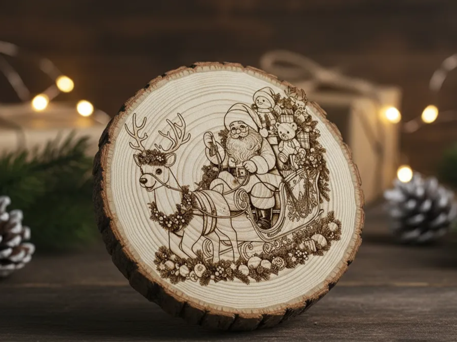 Laser Engraved Santa and Reindeer Christmas Wood Slice Decoration ...