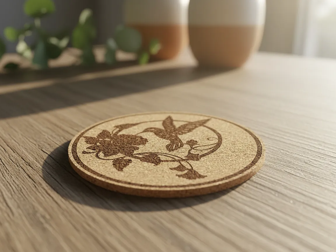 Laser Engraved Cork Coaster with Hummingbird and Flower Design | Free ...