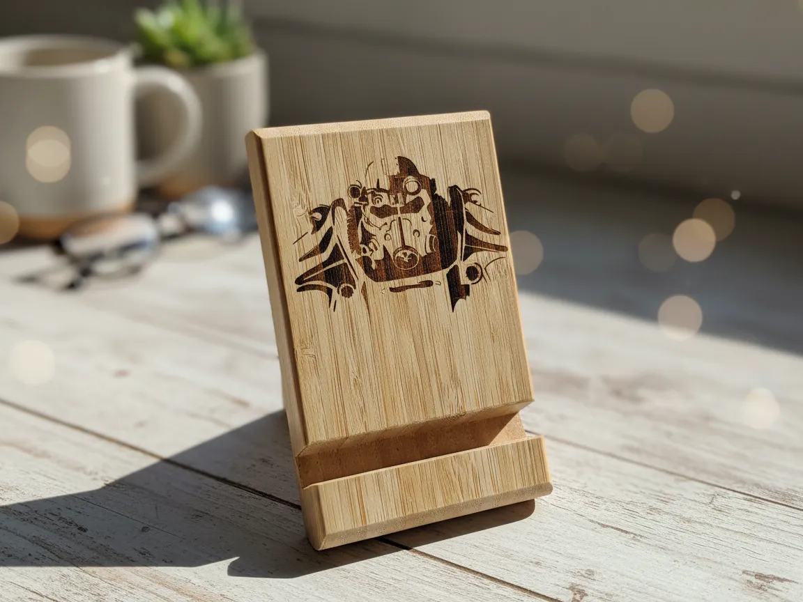 Laser Engraved Bamboo Phone Stand with fallout Design | Free Files - Atomm