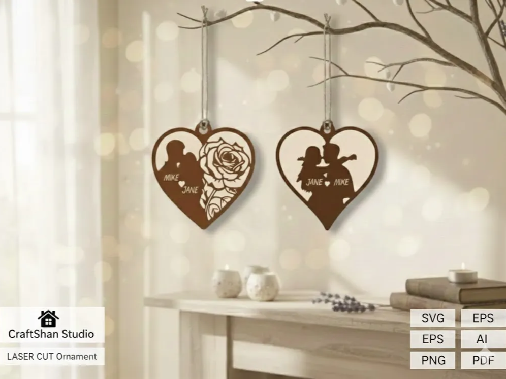Laser Cut Heart-Shaped Couple Ornaments with Names and Rose Design ...