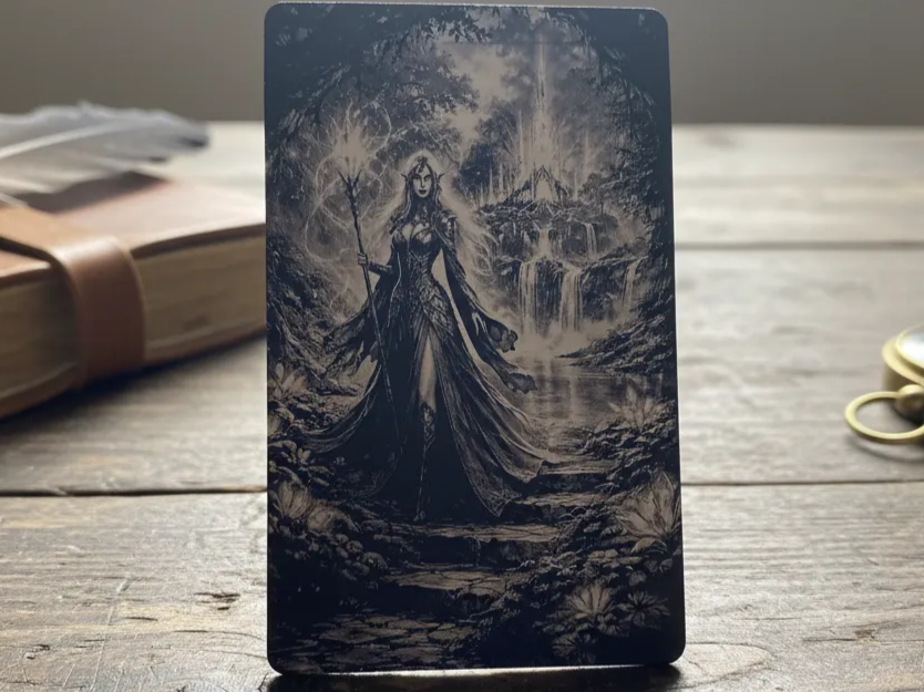 Fantasy Elf Queen Art Card Featuring Enchanted Forest and Waterfall ...