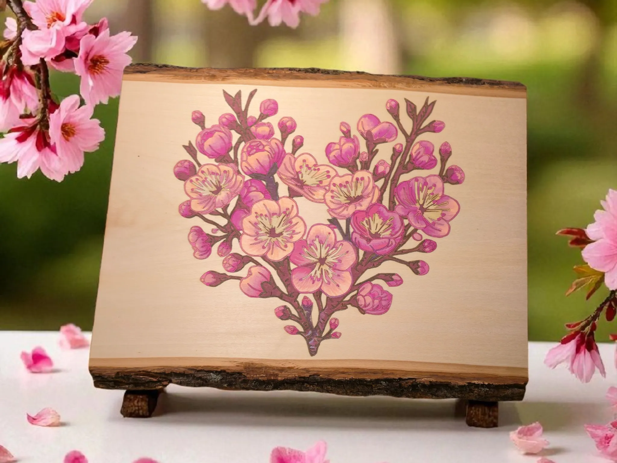 Laser Engraved Cherry Blossom Heart on Natural Wood Plaque | Ready to ...