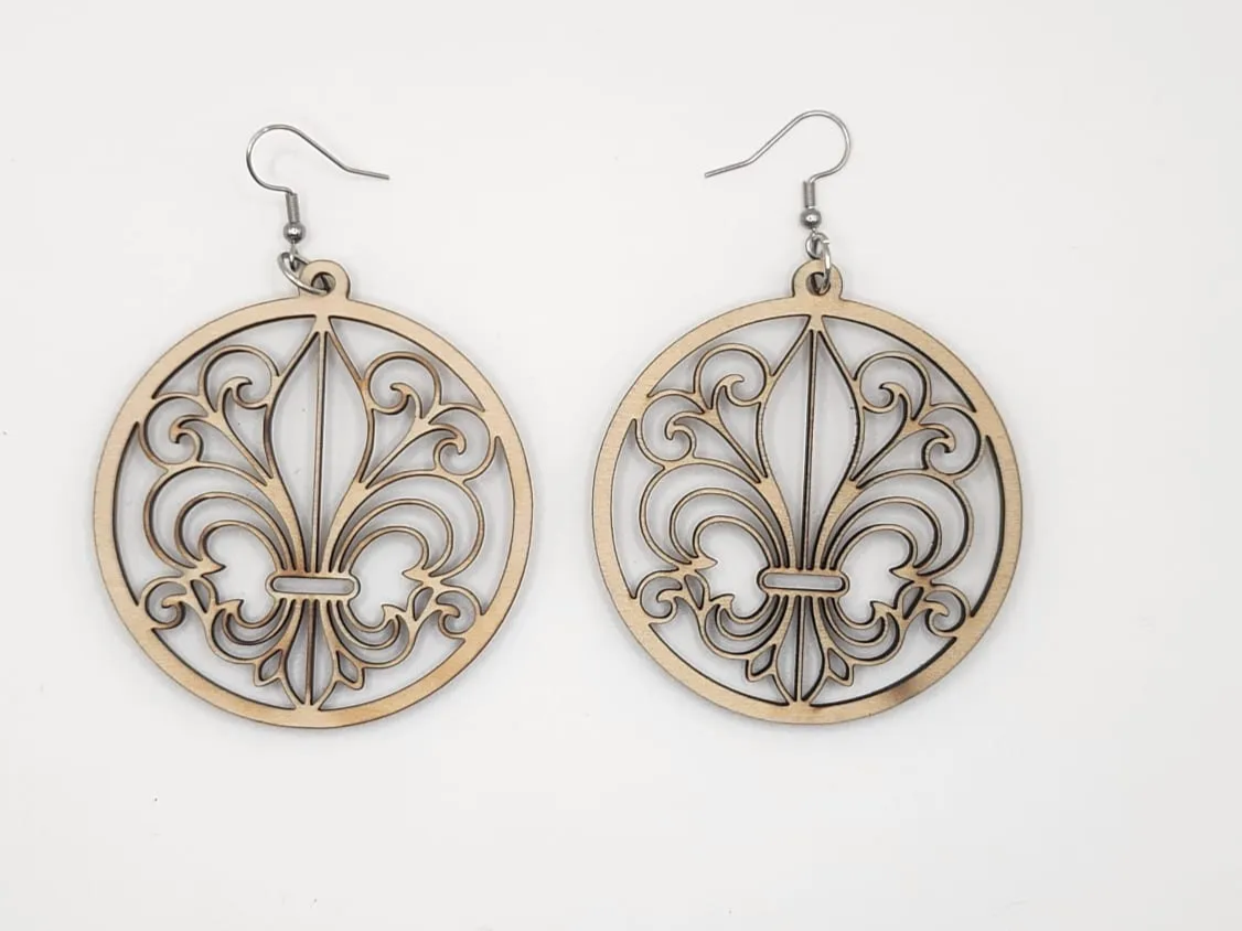 Fleur-de-lis Circular Wooden Dangle Earrings Tribal Ethnic Boho ...