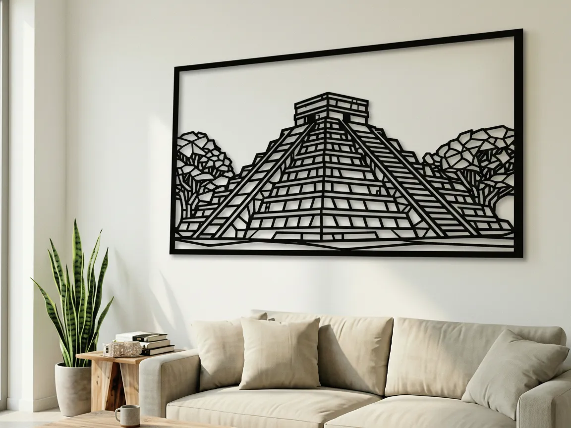 Laser Cut Wall Art of Pyramid of Kukulkan in Black Frame Poly-Line Art ...