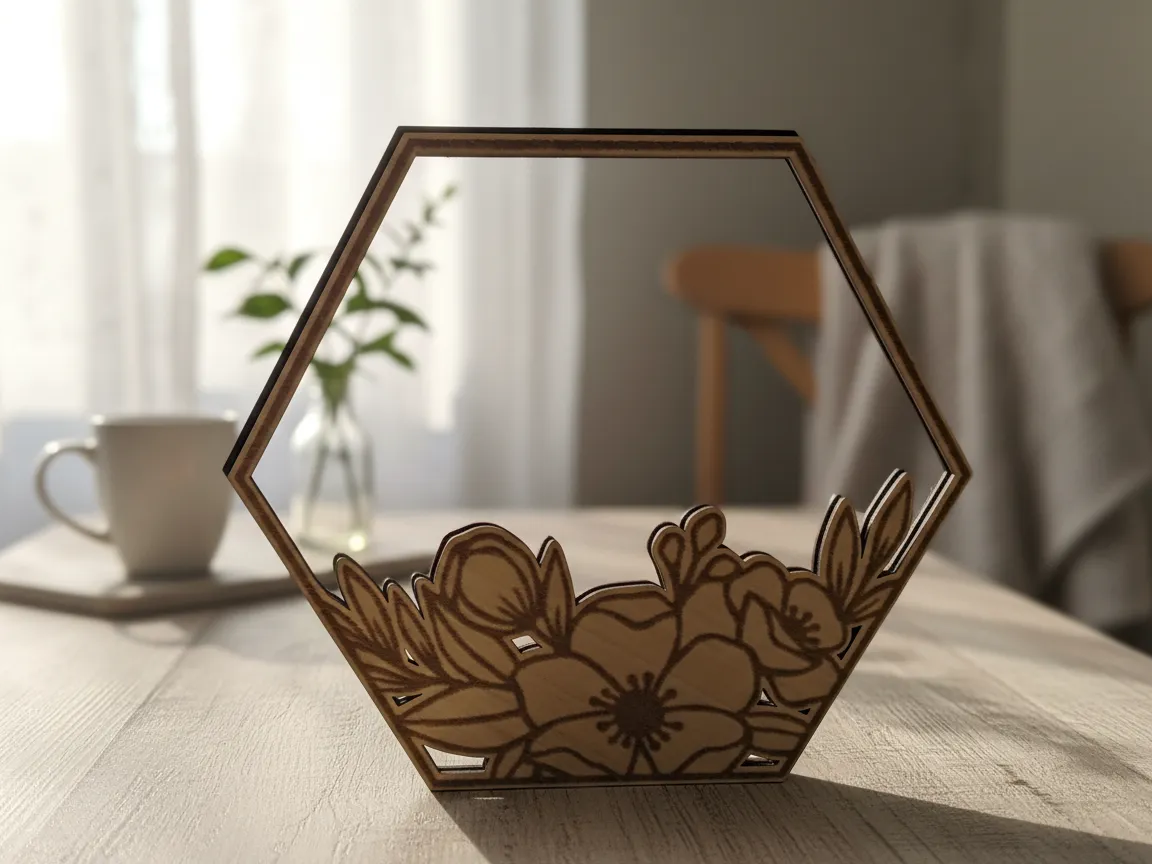 Laser Cut Wooden Hexagon Frame with Floral Design | Free Files - Atomm