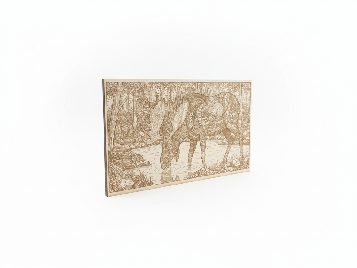 Laser Engraved Wooden Moose Wall Art with Nature Scene | Free Files - Atomm