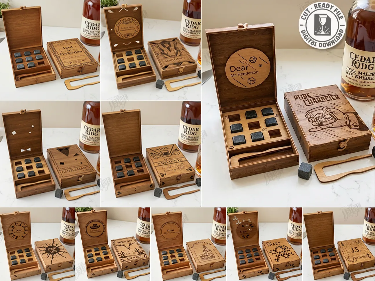 Laser Engraved Whiskey Stone Gift Box with Custom Wooden Case Bundle ...