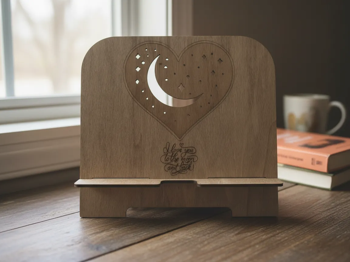 Laser Cut wooden tablet holder with Heart Moon design and quote | Free ...