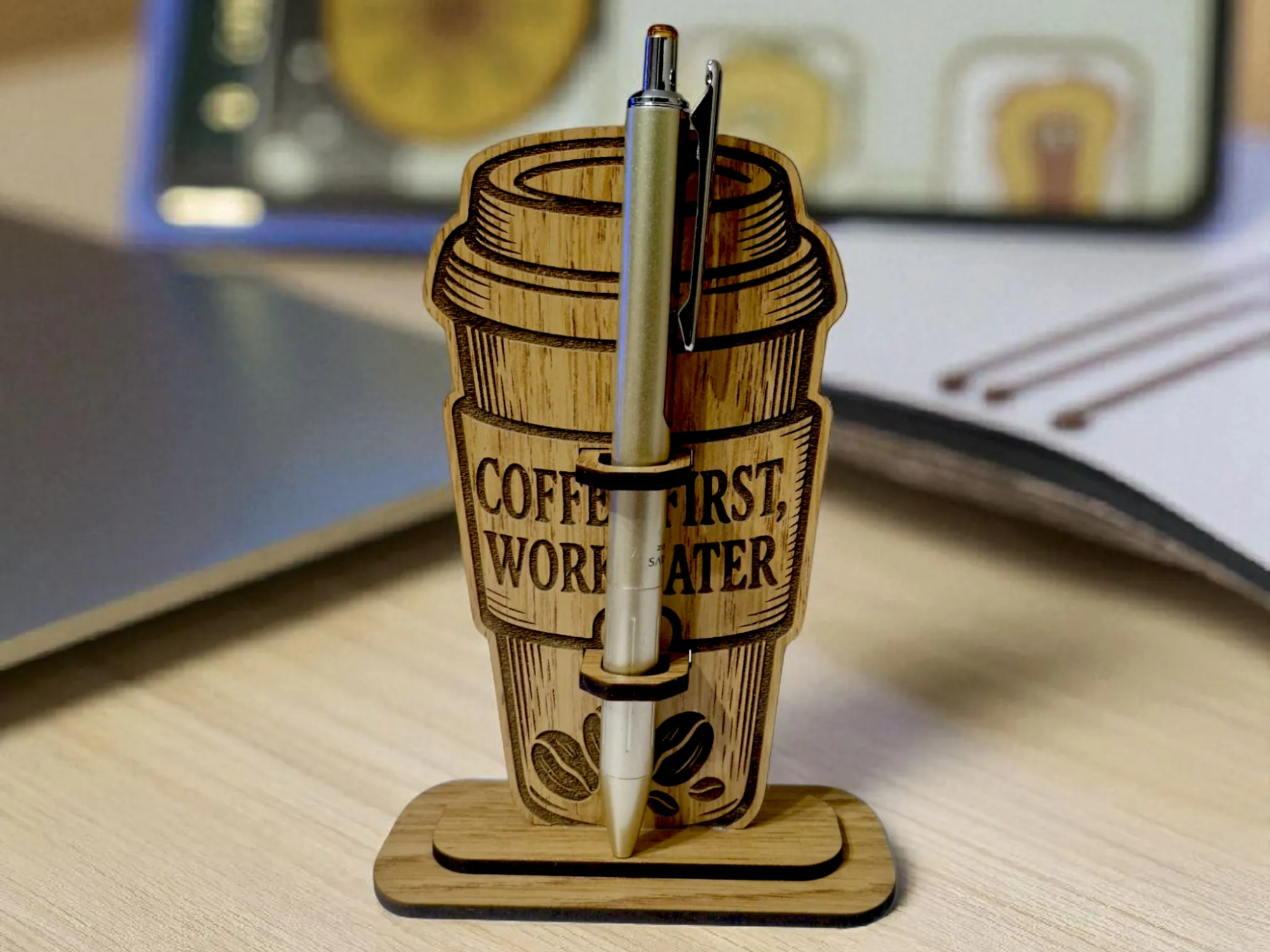 Laser Cut Wooden Coffee Cup Pen Holder with Coffee First Quote | Ready ...