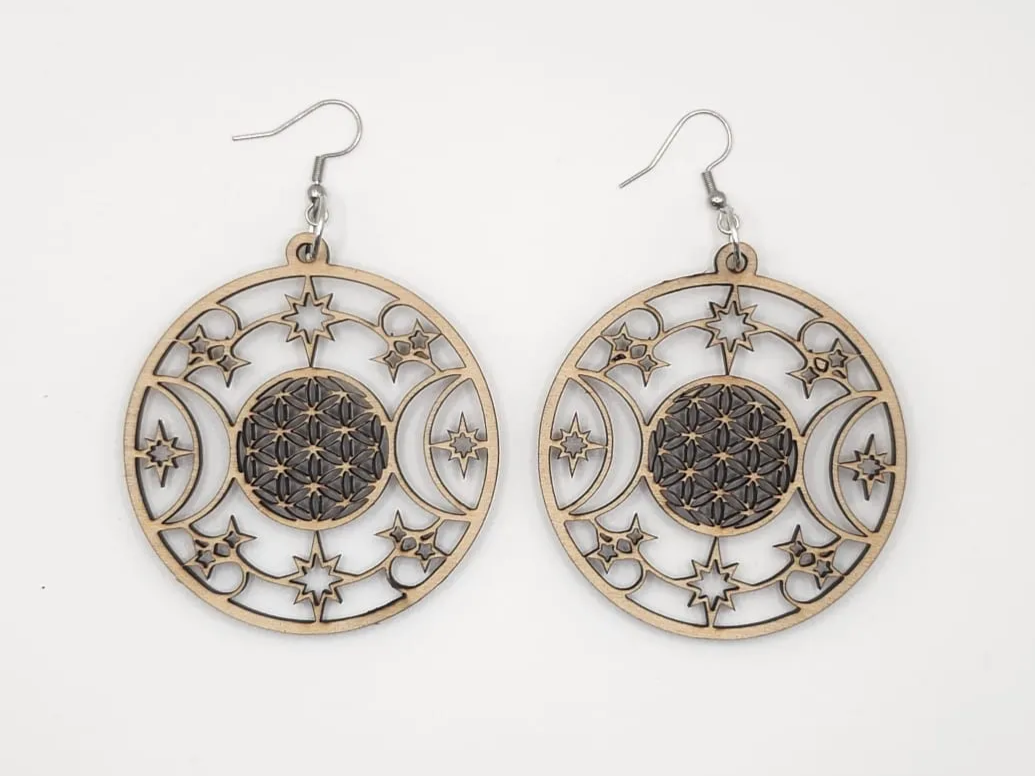 Flower of Life and Celestial Moon Star Dangle Earrings Tribal Ethnic ...