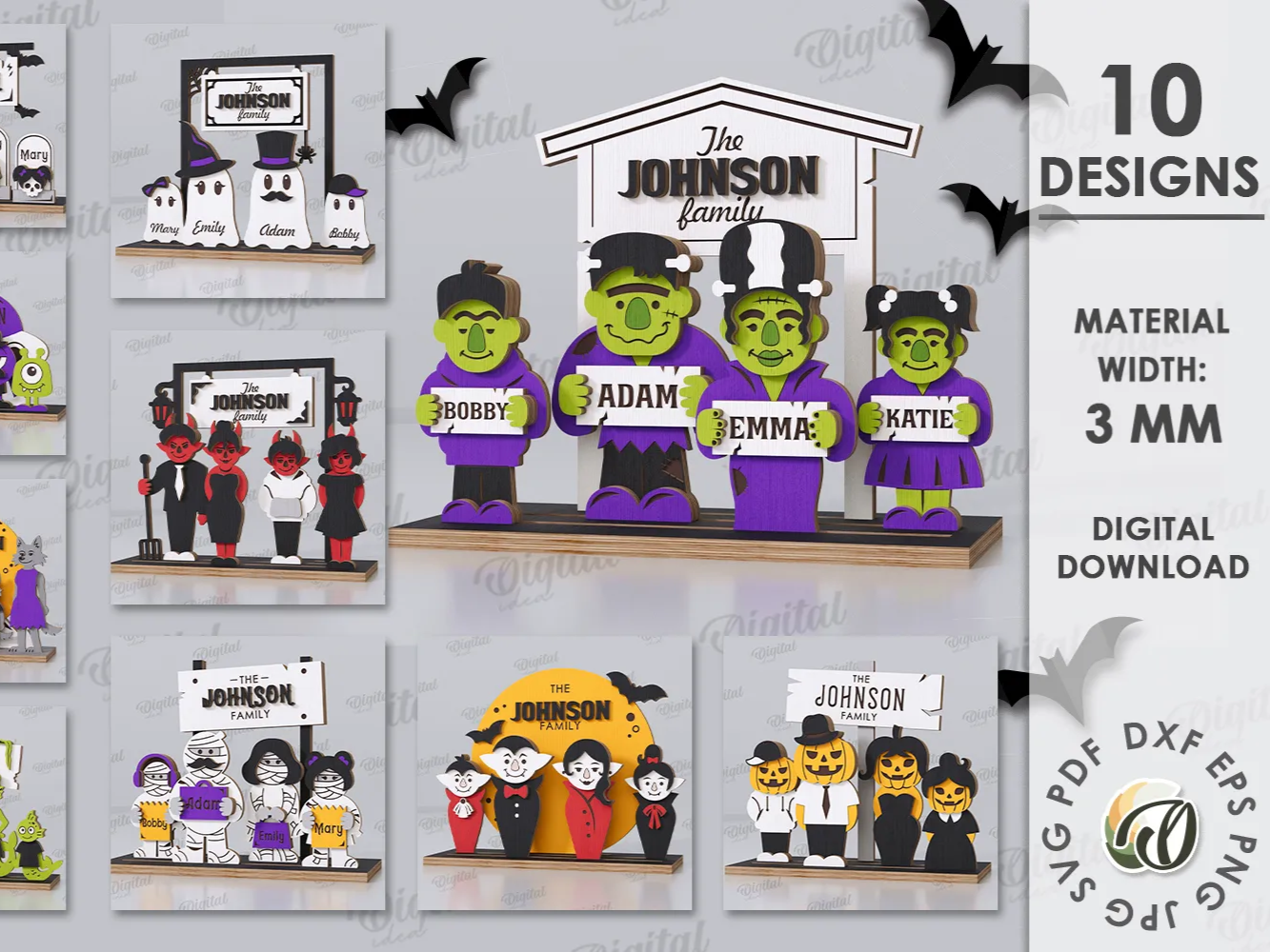 3D Halloween family stands bundle. Personalized sign laser cut. Spooky ...