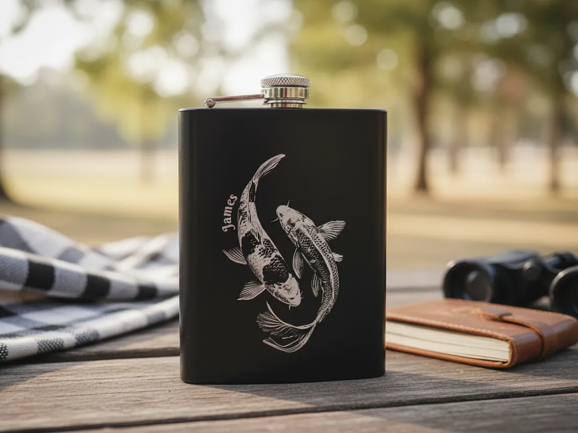 Black Stainless Steel Flask with Custom Koi Fish Laser Engraving | Free ...
