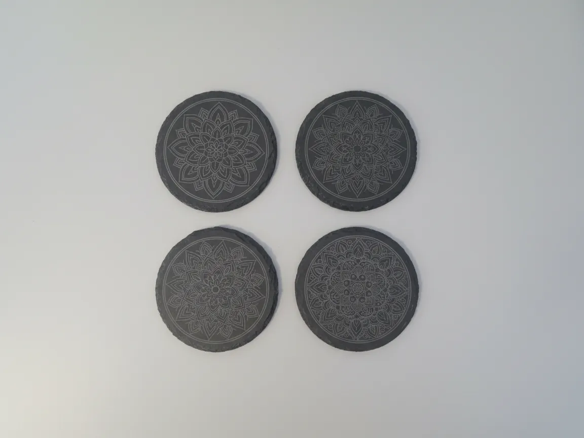 Set of 4 Laser Engraved Round Slate Coasters with Mandala Design ...
