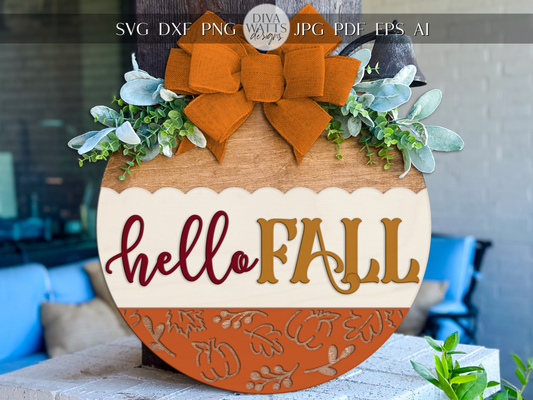 Hello Fall Round Sign SVG | Autumn Pumpkins & Leaves Door Hanger Laser ...