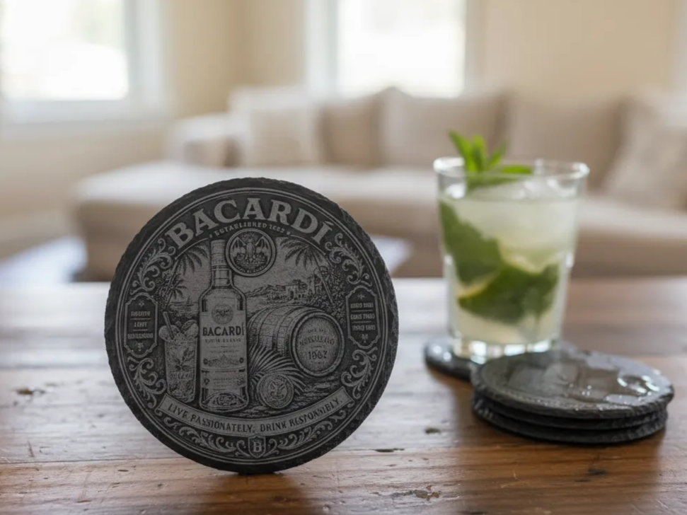 Bacardi Rum Themed Round Slate Drink Coaster