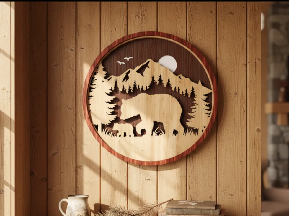 Arte de pared redondo de madera con oso y paisaje natural grabado ...