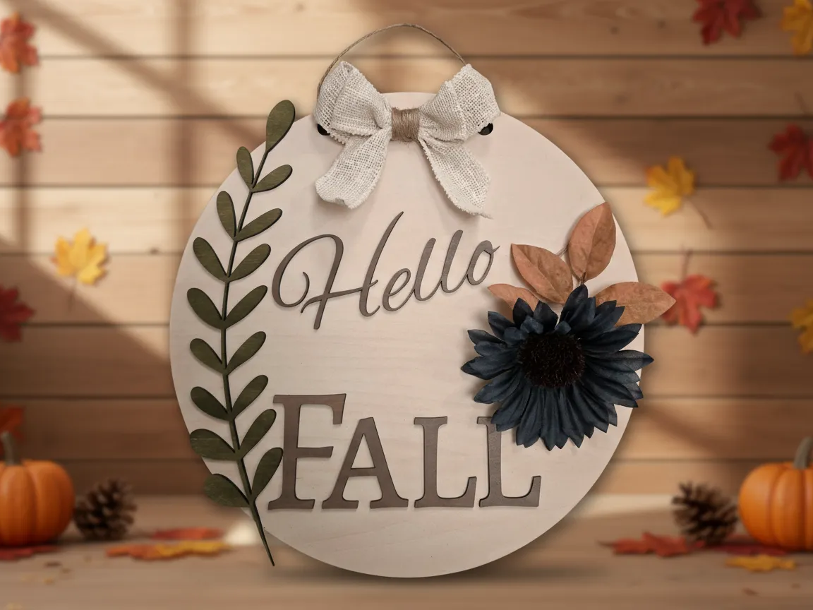 Laser Cut Wooden Hello Fall Round Door Sign with Bow and Flowers | Free ...