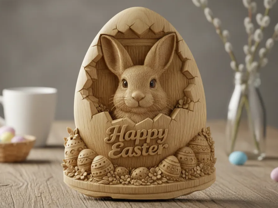 gravure sur bois en relief en forme d'œuf de Pâques avec lapin et ...