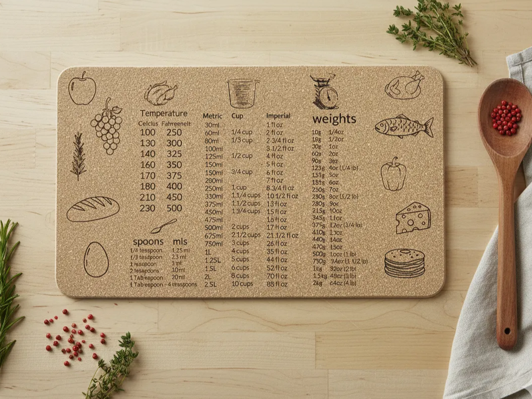 Laser Engraved Kitchen Conversion Chart Cork Trivet Board | Ready to ...