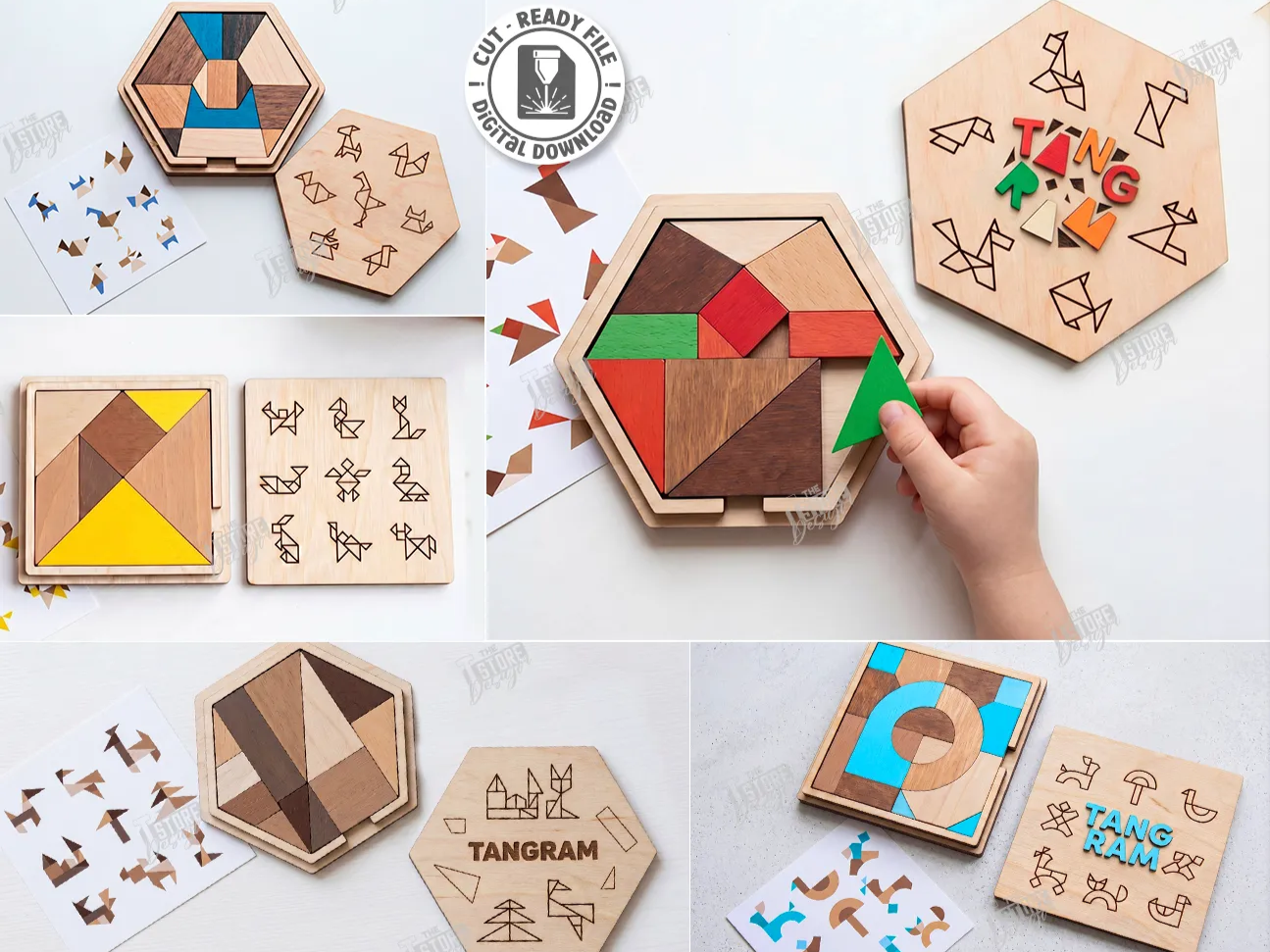 Wooden Tangram Puzzle Set with Geometric Shape Tiles Laser Cut Bundle ...
