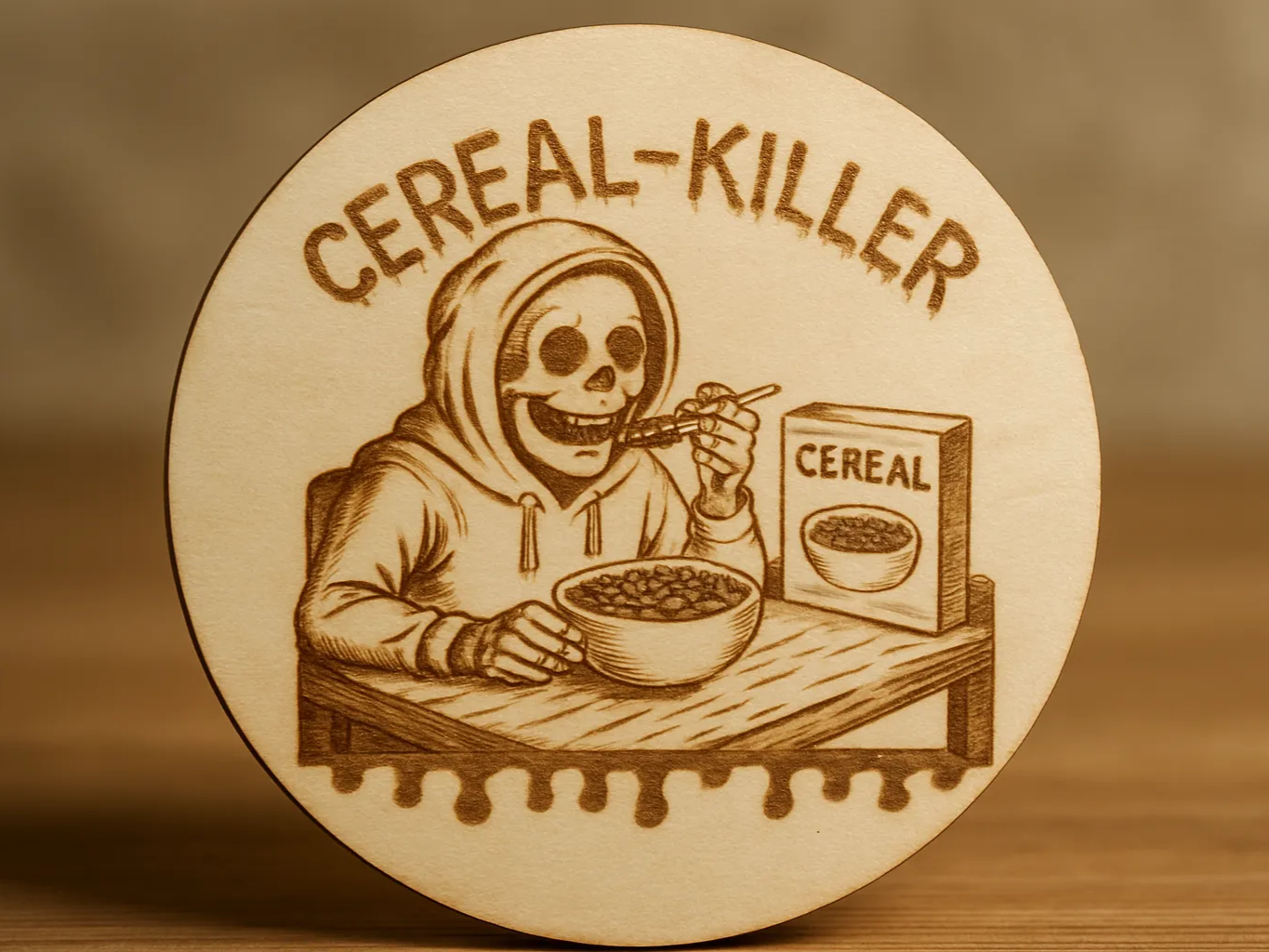 Laser Engraved Wooden Cereal-Killer Pun Coaster with Skeleton Design ...