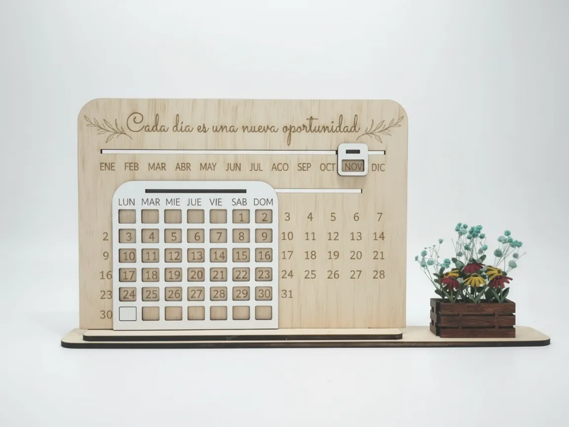 Calendario perpetuo de madera cortado con láser con decoración floral ...