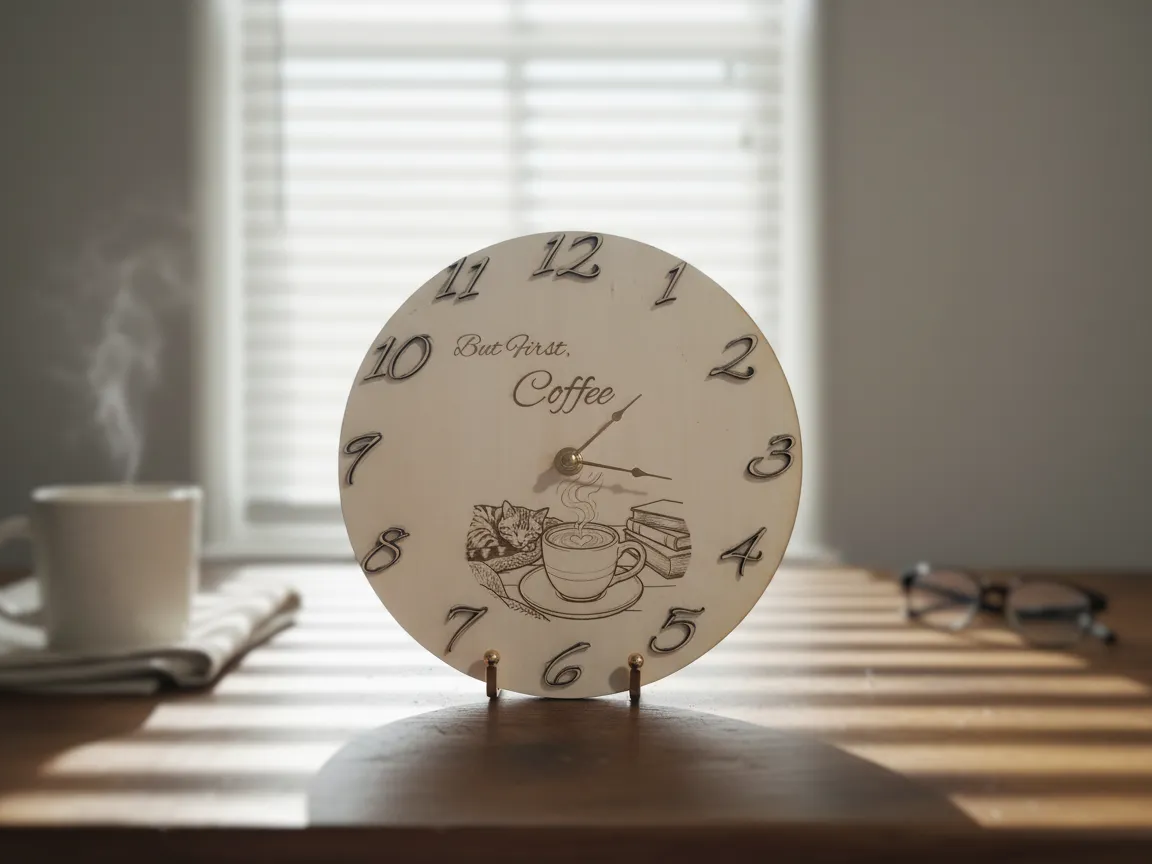 Laser Engraved Wooden Clock With Coffee Design And Quote | Free Files ...