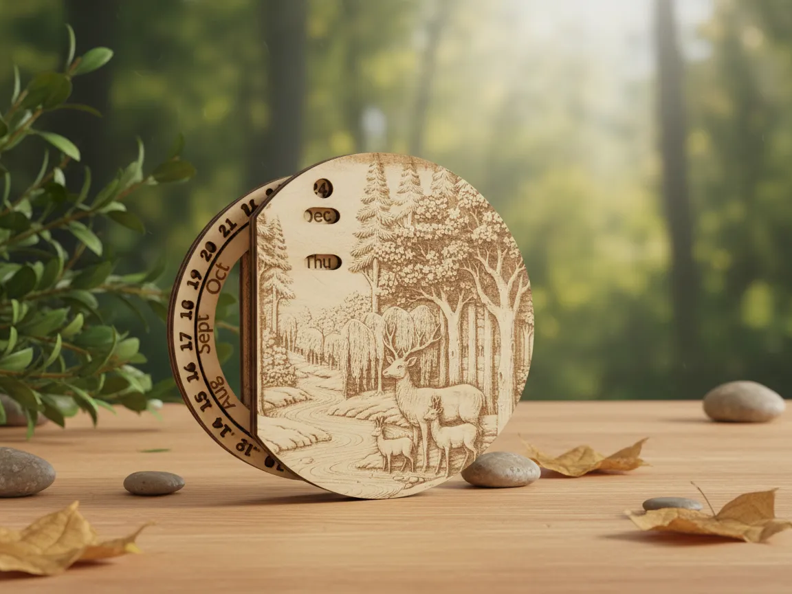 Laser Engraved Wooden Perpetual Calendar with Deer Forest Scene | Free ...