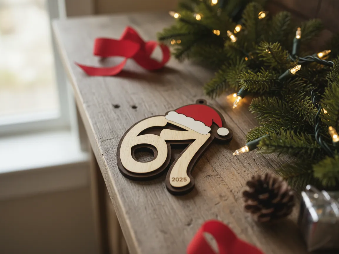 Laser Cut Wooden Christmas Ornament Number 67 with Santa Hat 2025 ...
