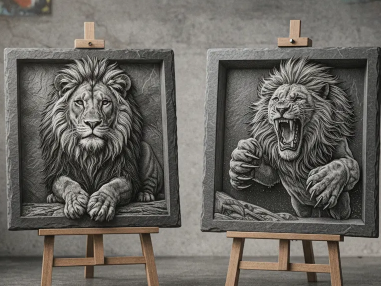 gravure sur ardoise avec effet 3D reliefs de lions | Free Files - Atomm