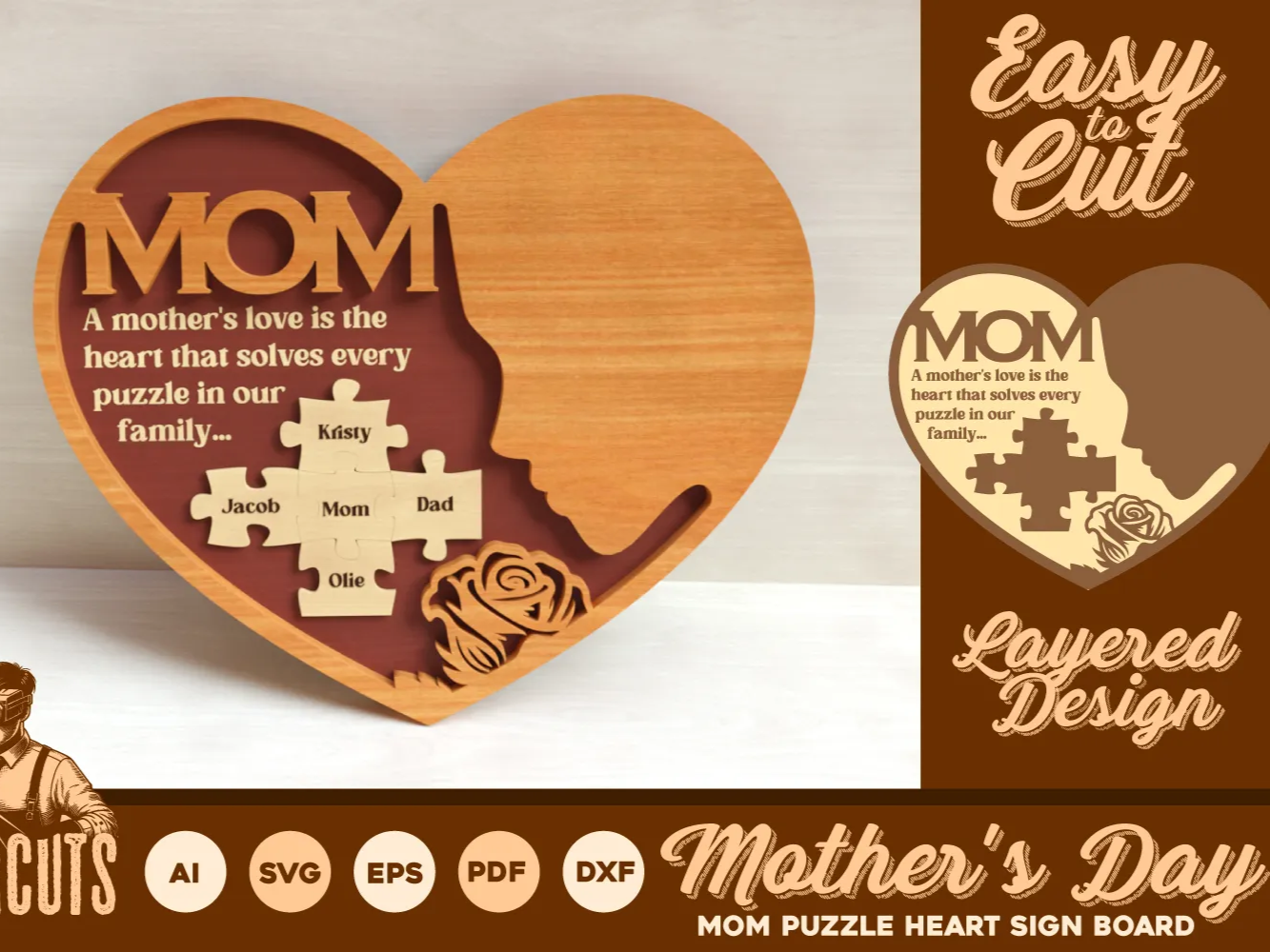 Laser Cut Mother's Day Mom Puzzle Heart Sign Board | Ready to Use Files ...