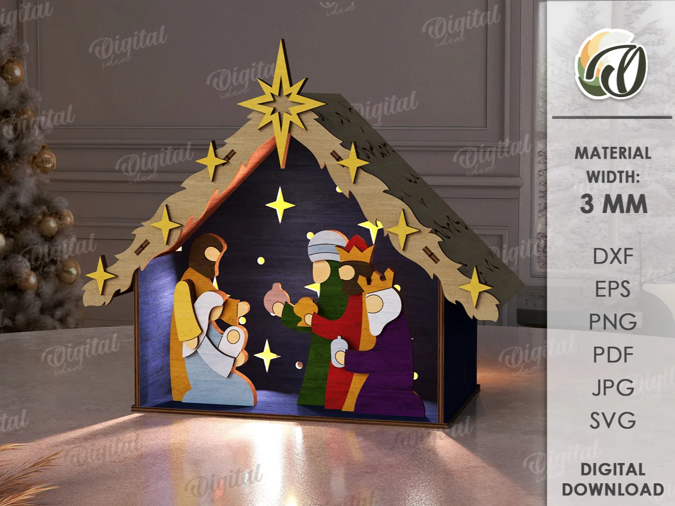 3D Nativity light stand. Christmas scene lamp laser cut. Wooden shelf ...