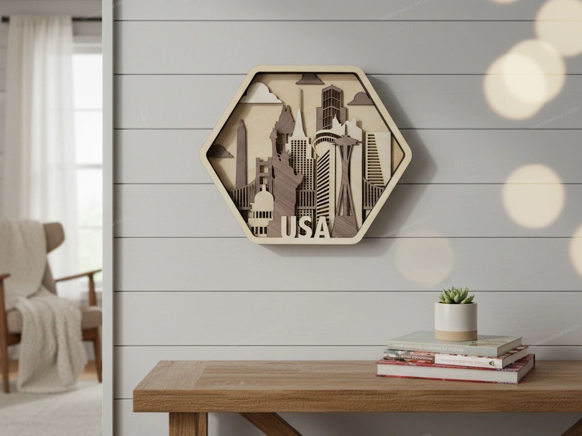 USA Skyline Hexagon Wall Art with Statue of Liberty and Landmark ...