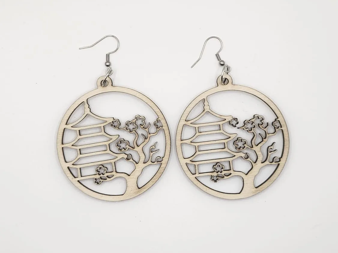 Japanese Pagoda and Cherry Blossom Round Wooden Dangle Earrings Tribal ...