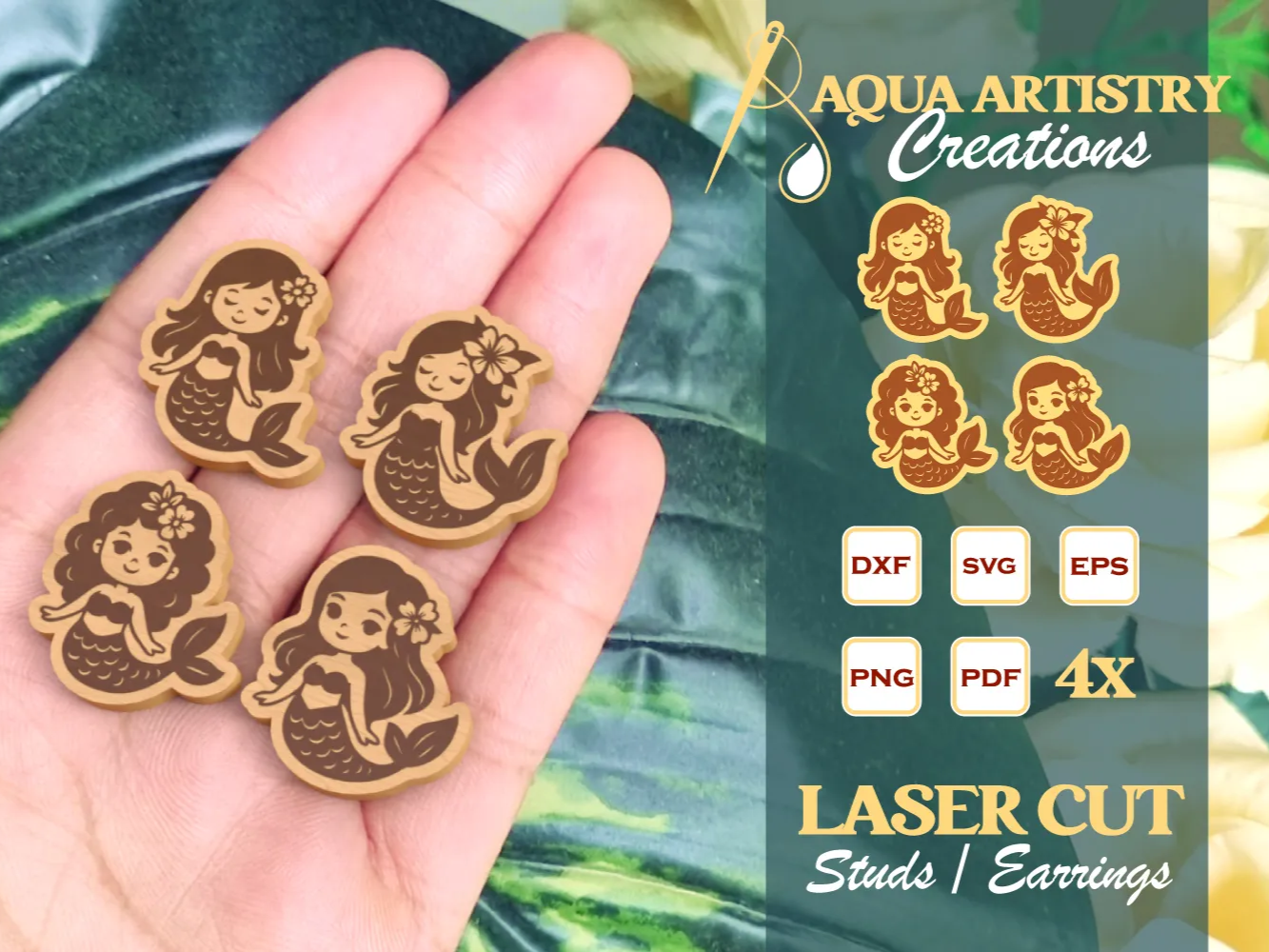 Laser Cut Mermaid Stud Earrings Set of 4 Wooden Accessories | Ready to ...