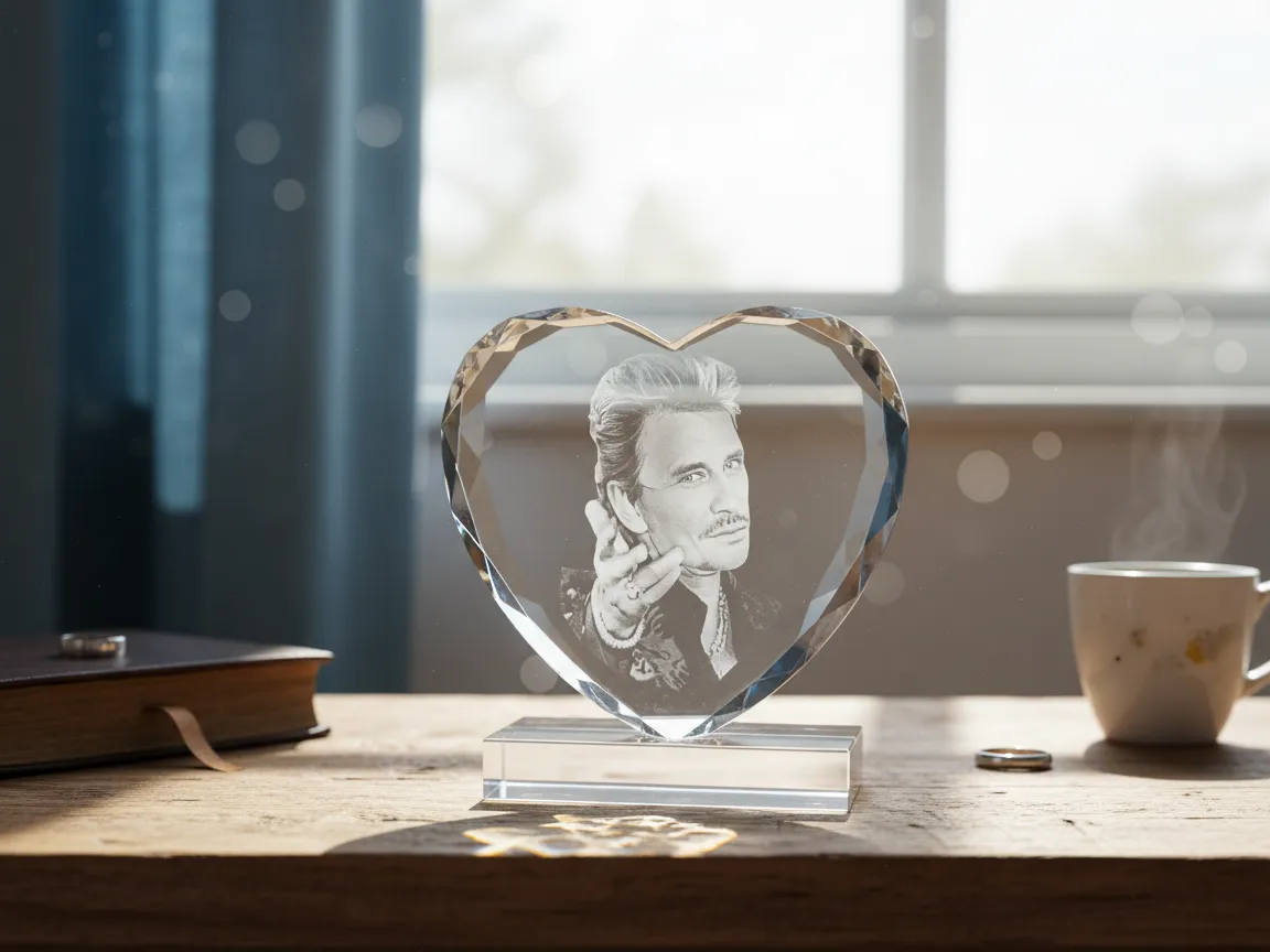 Sculpture en cristal gravée en forme de cœur avec portrait de Johnny ...