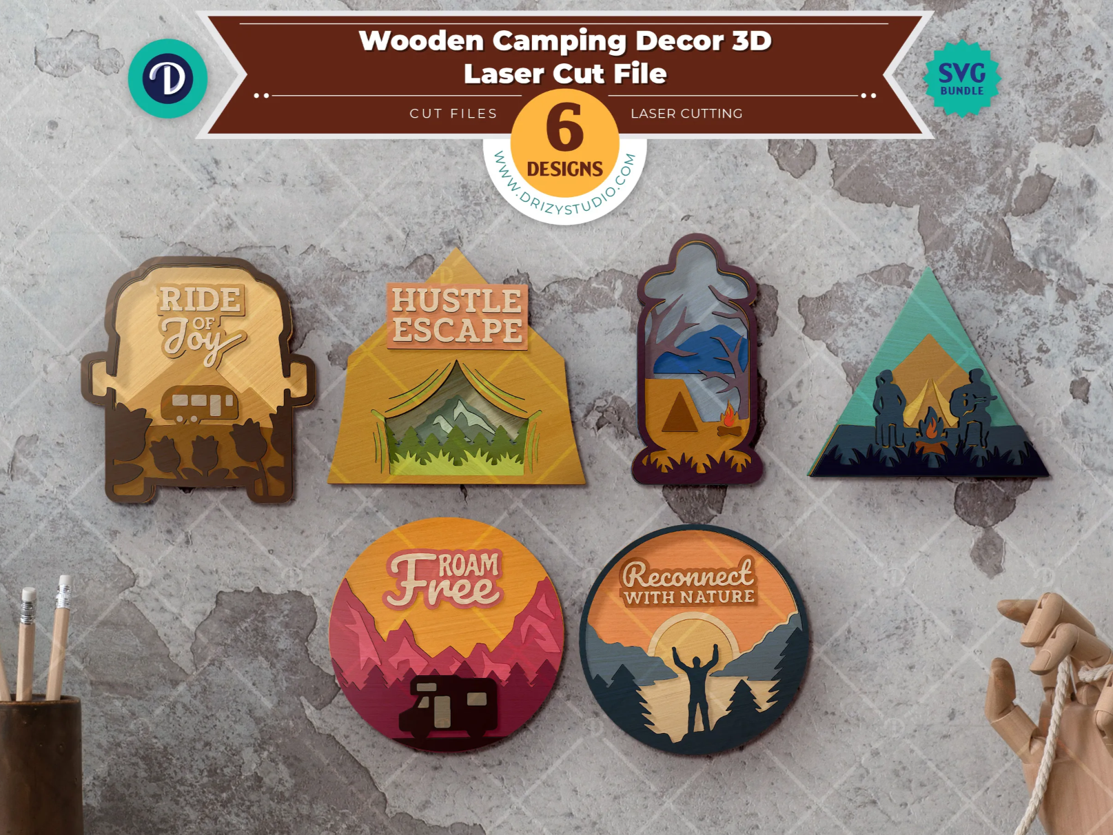 Laser cut and engrave | Wooden Camping Decor 3D Laser Cut File with 6 ...