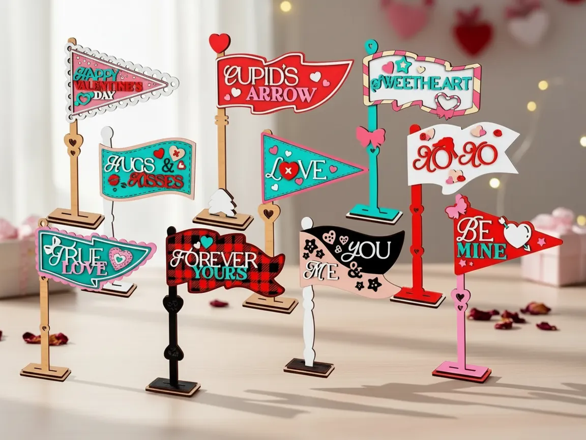 Valentine's Day Mini Flags with Romantic Messages Laser Cut Bundle ...