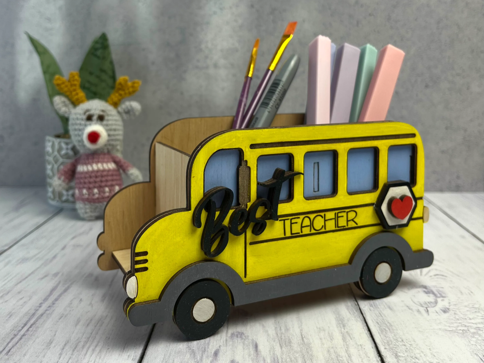 Wooden School Bus Pen Holder Laser Cut Design, Teacher Pencil Holder ...