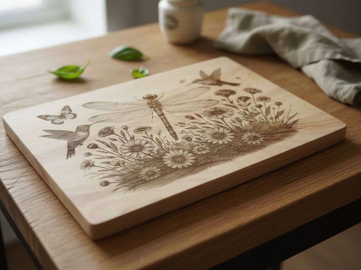 Laser Engraved Wooden Cutting Board with Dragonfly and Floral Design ...