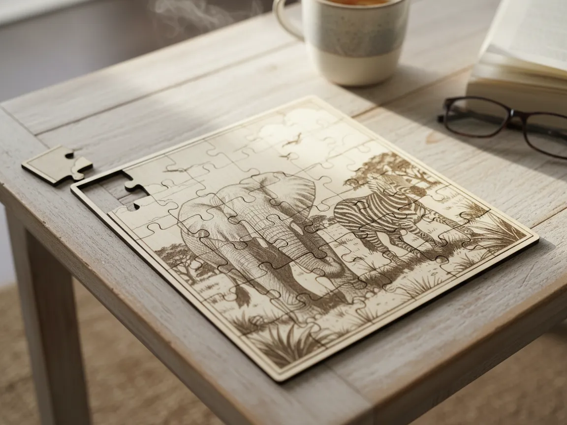 Puzzle en bois représentant un éléphant et un zèbre dans la savane ...