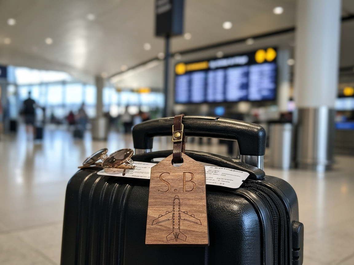 Wooden luggage tag with airplane motif and personalized initials | Free ...