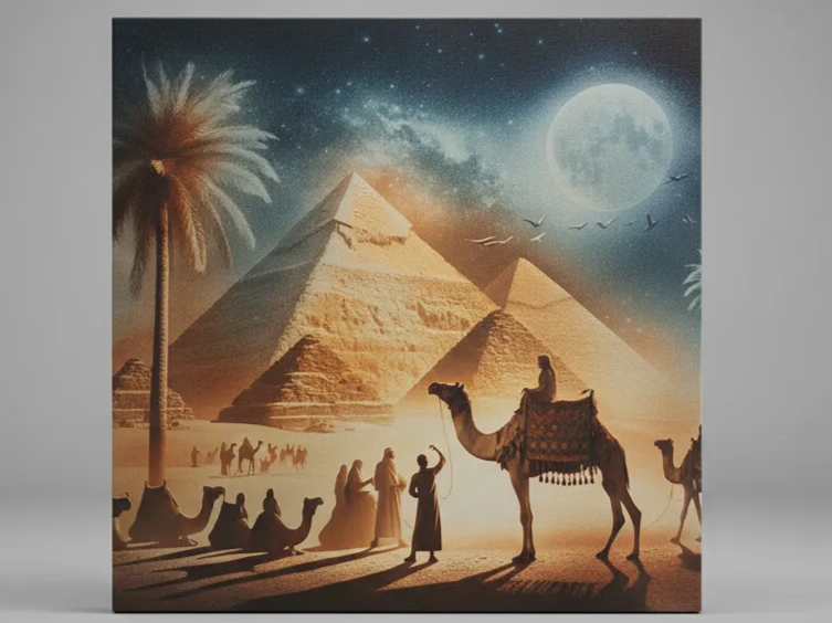 gravure sur toile en couleur représentant les pyramides d'Égypte sous ...