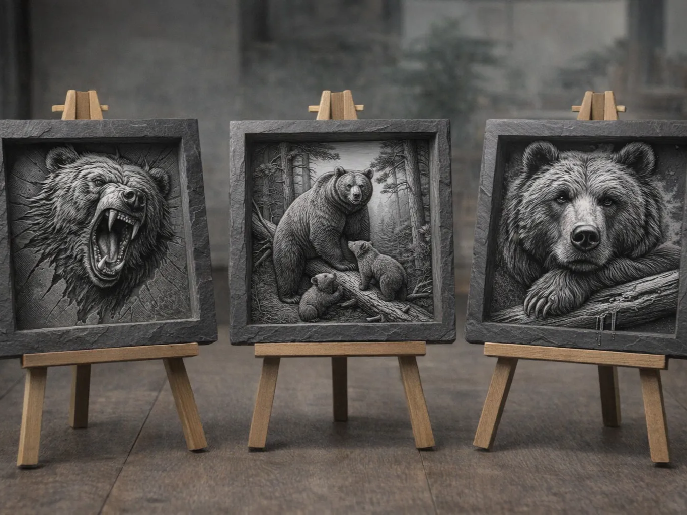 gravure sur carrelage avec effet 3D et relief représentant des ours ...