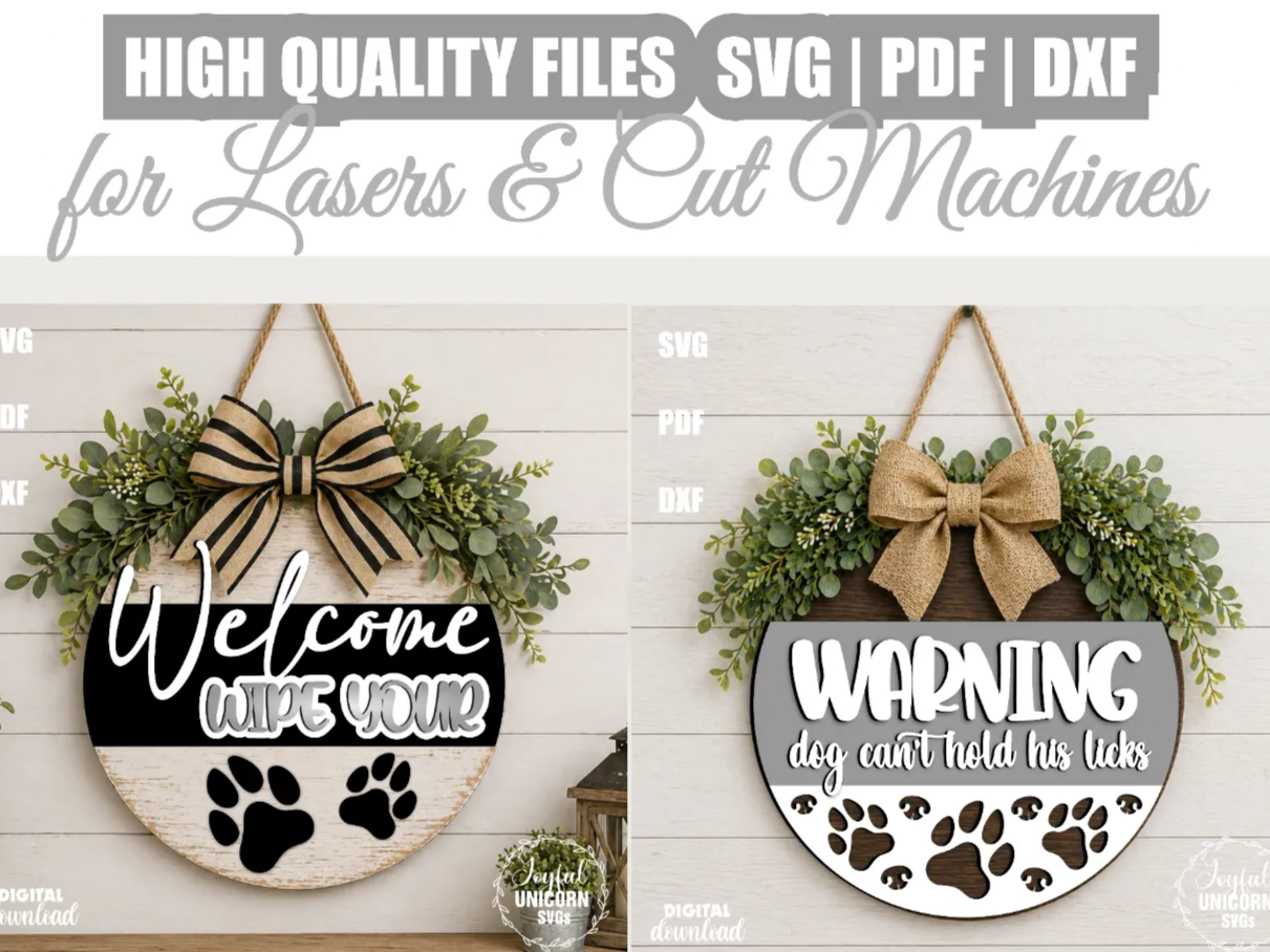 Welcome and Dog Warning Round Door Signs SVG, Dog Door Hanger, Laser ...