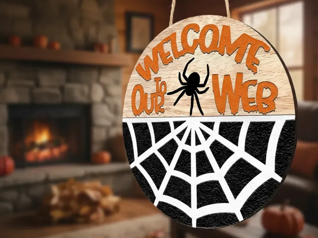 Laser Cut Wooden Halloween Welcome To Our Web Door Sign | Ready to Use ...